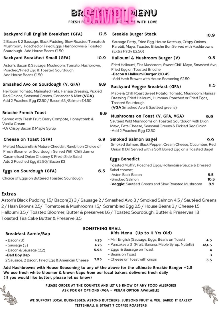 The Backyard Cafe | Explore Our Menus | Kingswinford